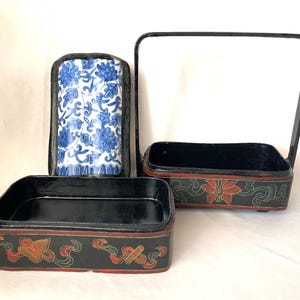 Antique Black Lacquerware Chinese Stacking Lunch Box Ceramic Top ...