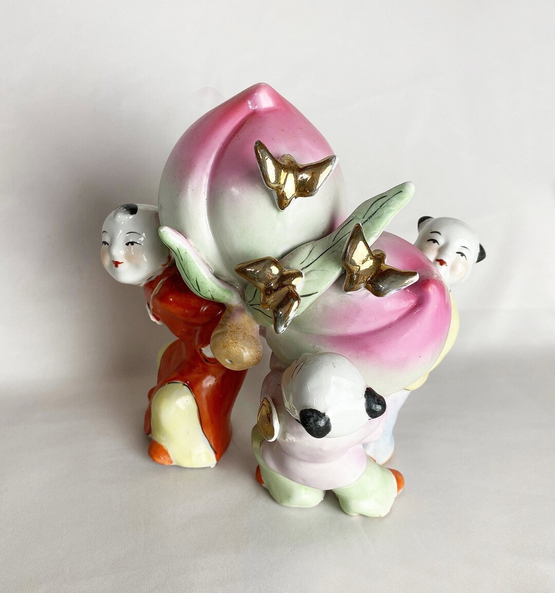 Large Peach Longevity Statue 3 Boys RARE Double Form With Leaves and ...