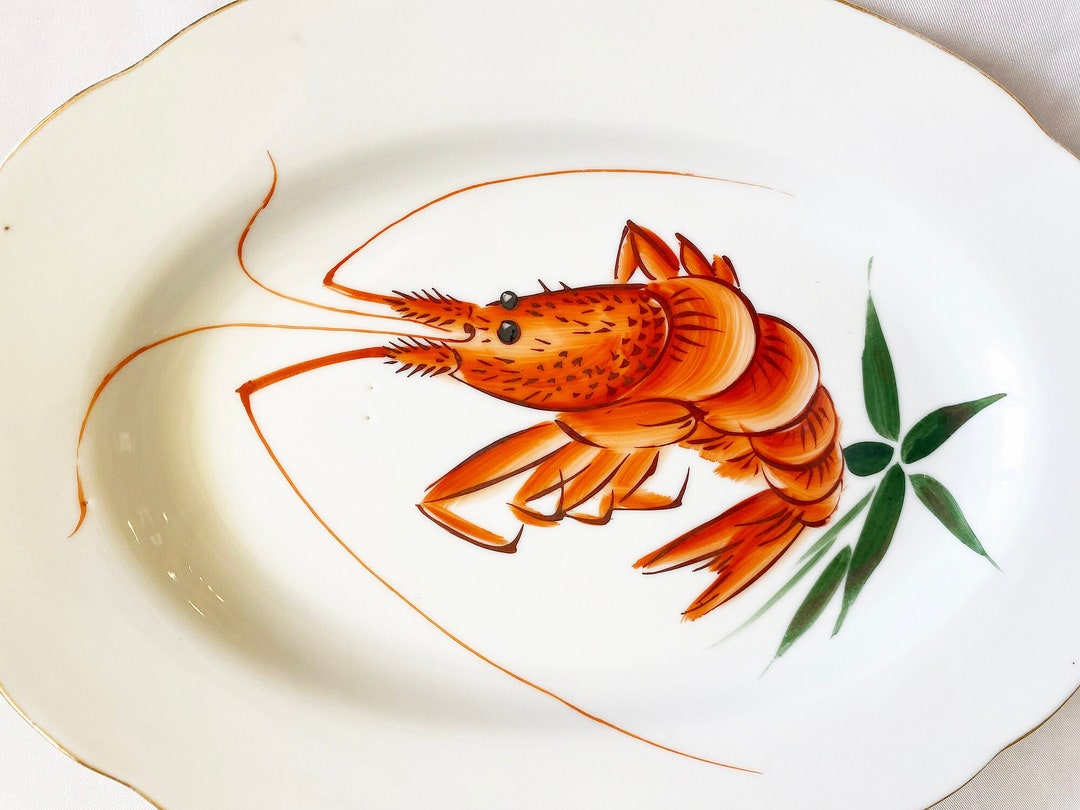 Red Shrimp Oval Serving Platter, Hand Painted Prawn Lobster Dish ...