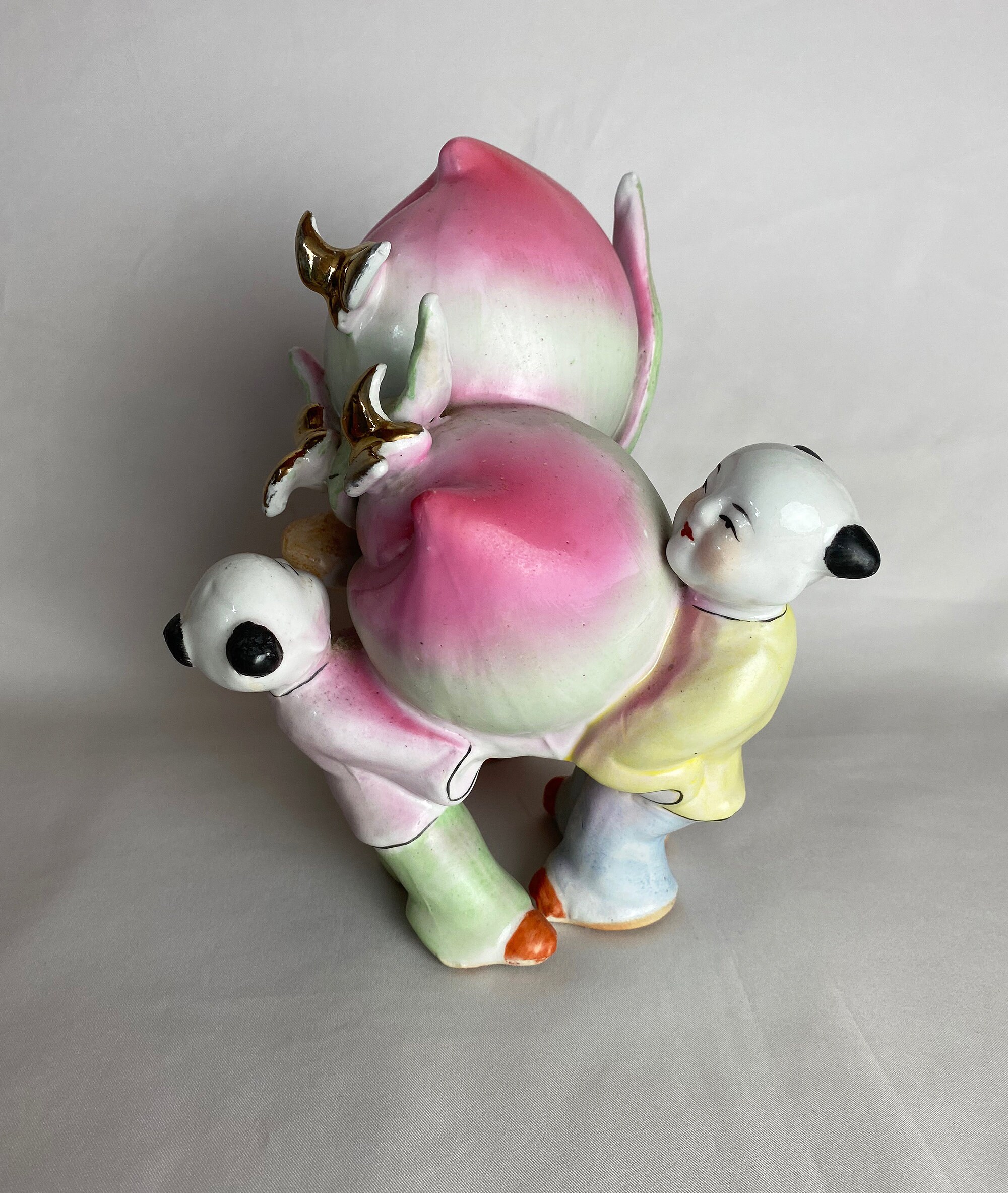 Large Peach Longevity Statue 3 Boys RARE Double Form With Leaves and ...