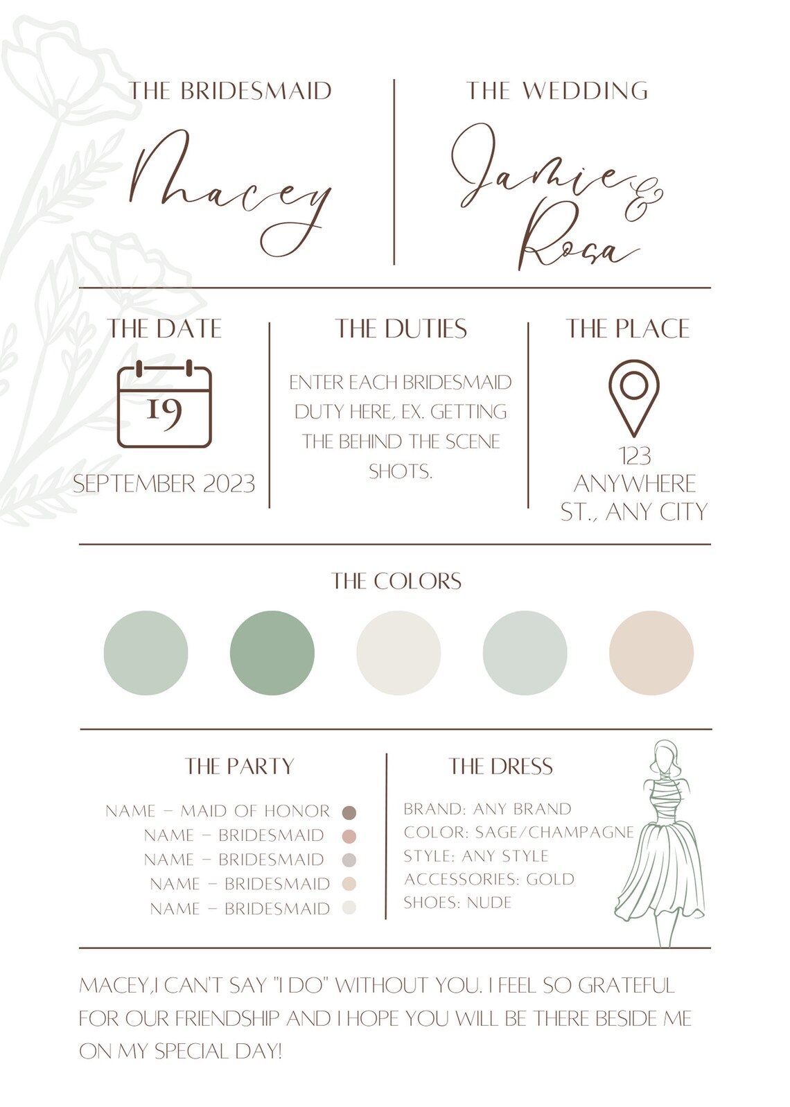 Bridesmaid Info Card Template, Bridal Party Info Card, Bridesmaid ...