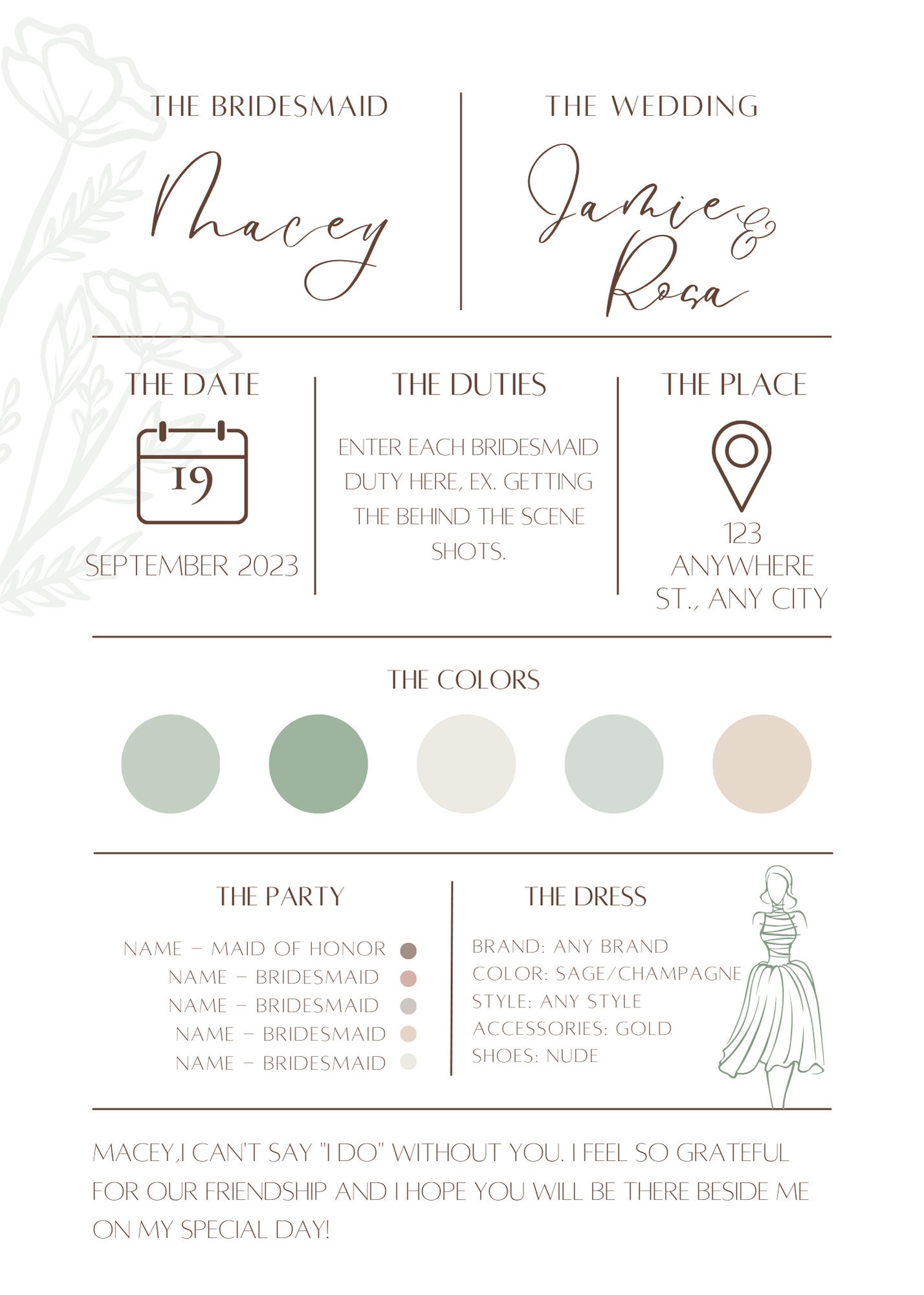 Bridesmaid Info Card Template, Bridal Party Info Card, Bridesmaid ...
