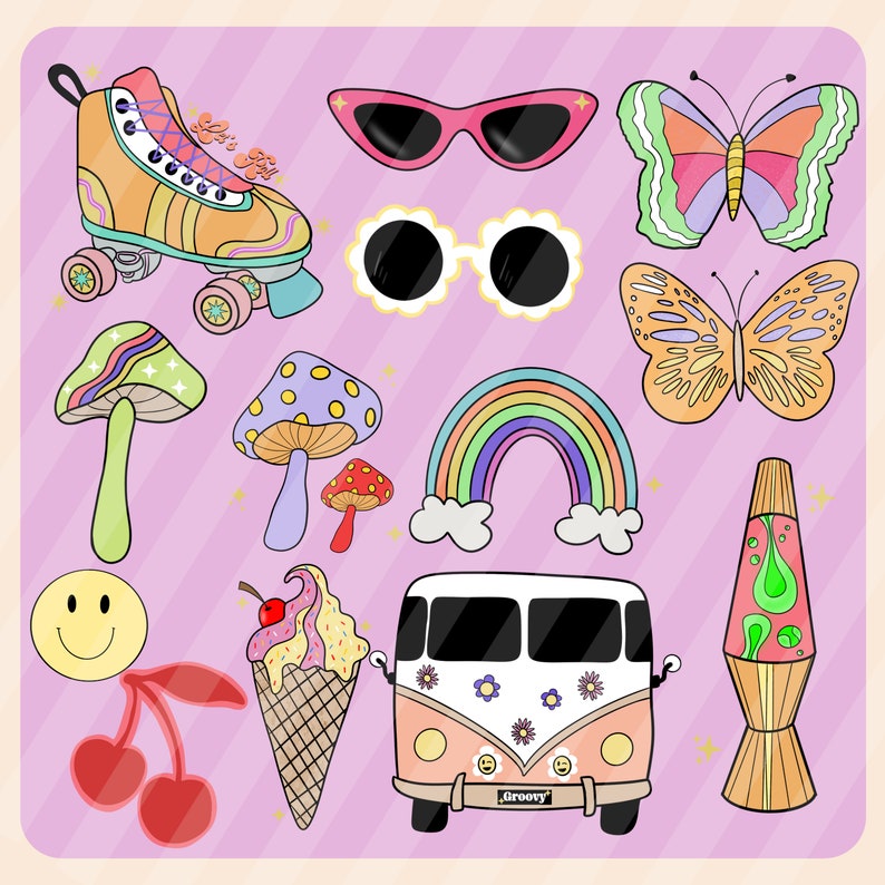 Retro Sticker PNG Bundle, 70s PNG Retro Digital Download, Digital ...
