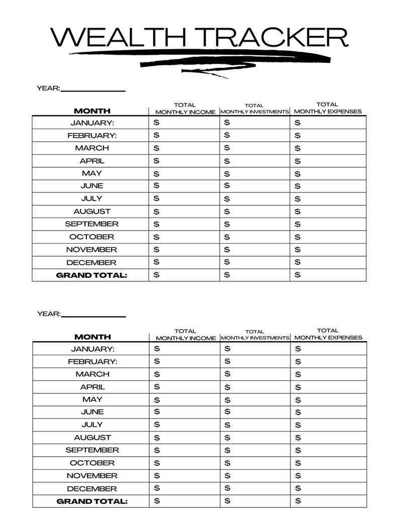 Yearly Wealth Tracker Printable Expense Tracking Budget Planner - Etsy