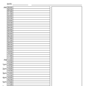 Printable 24 Hour Time Sheet - 30 Minute Increments With Notes Section ...