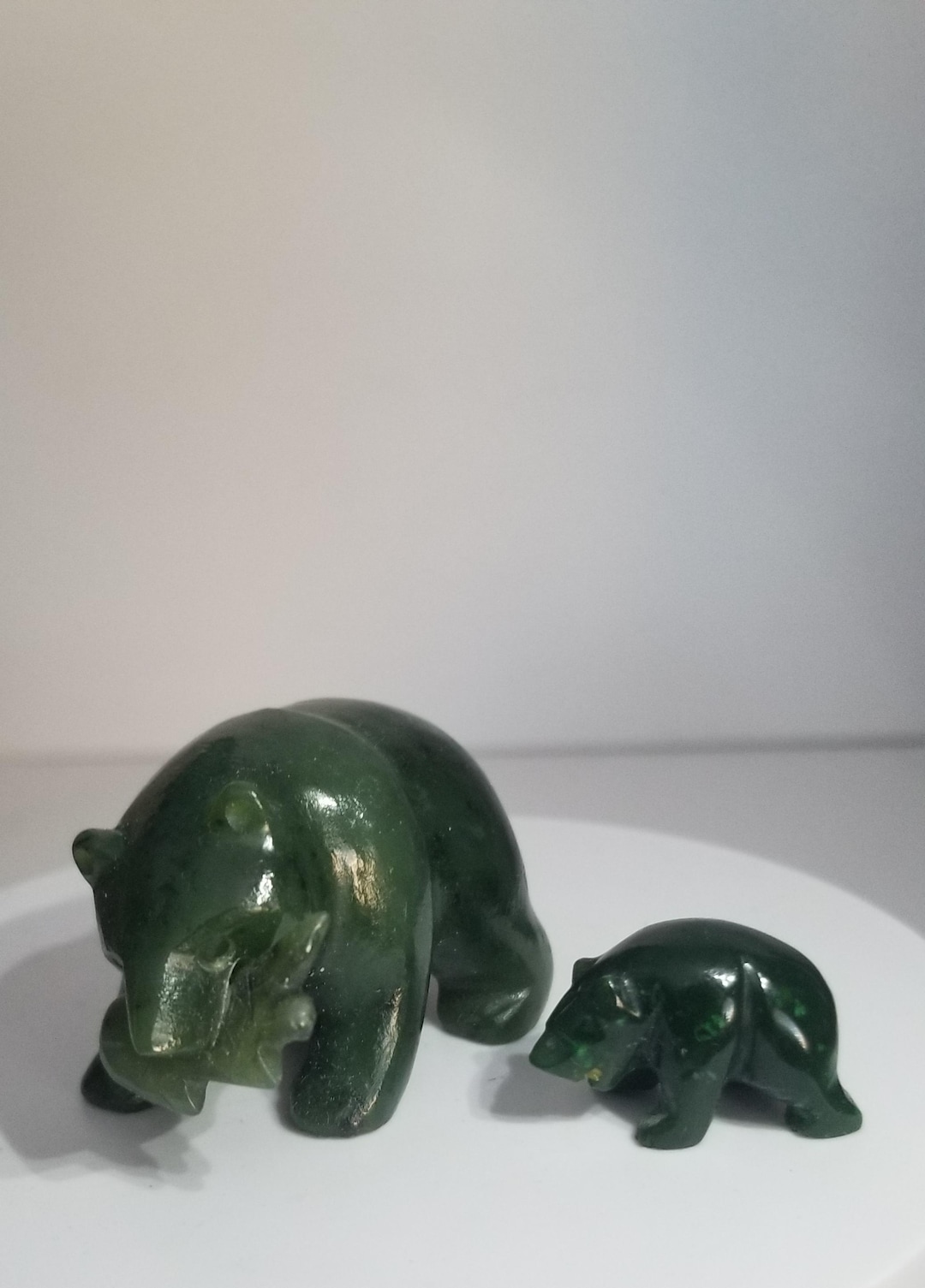 Canadian Nephrite Green Jade Inuit Grizzly and Cub Catching Fish ...