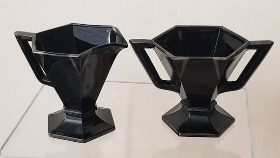 Vintage Art Deco Octagonal Cream and Sugar Set Black and - Etsy