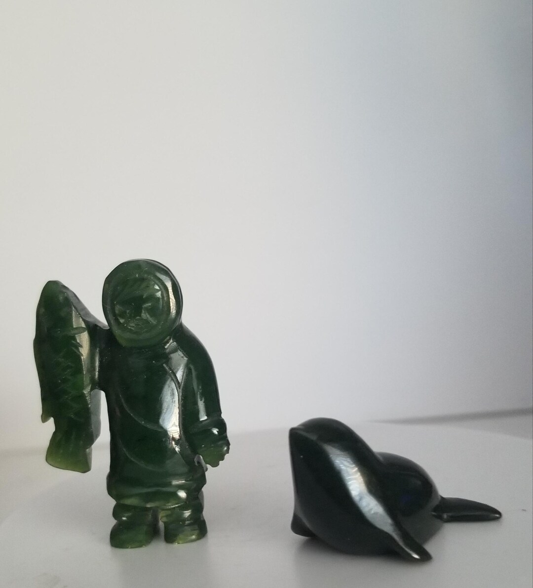 Canadian Nephrite Green JADE Inuit Fisher Person With Fish and Seal ...