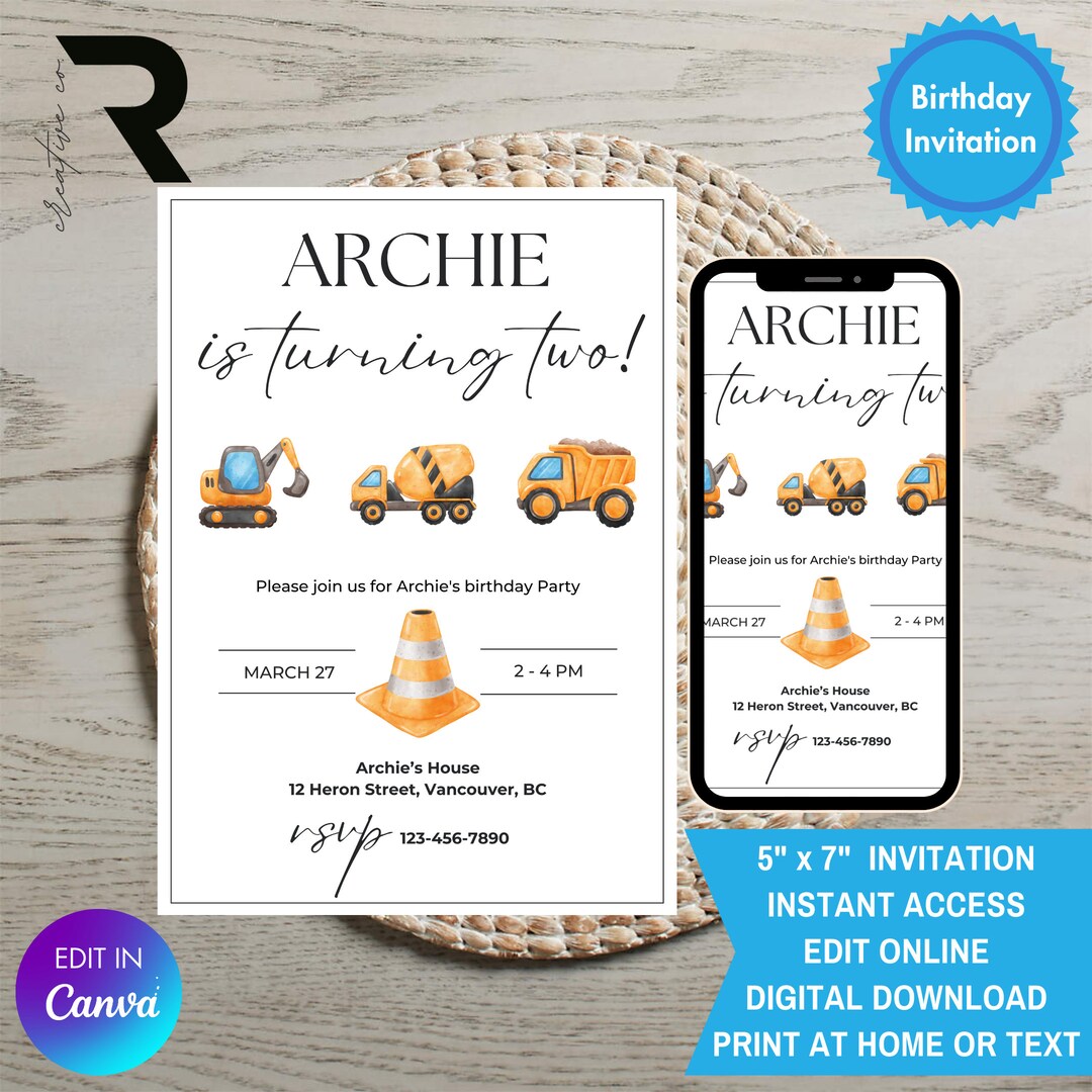 Birthday Invitation Construction Vehicles Theme Party Invite Boy ...