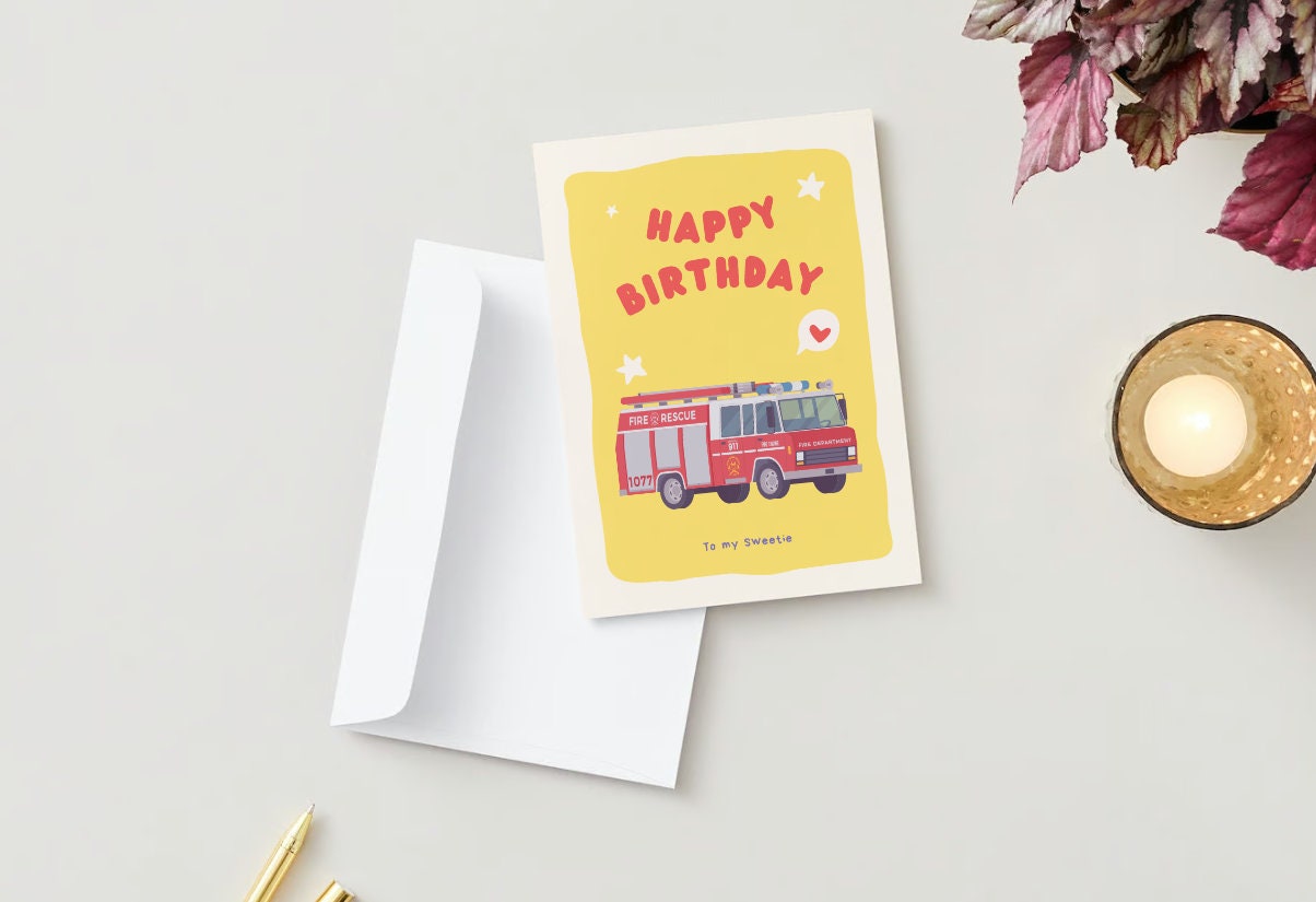 Firefighter Birthday Card Fire Engine Greetings Happy Bday Gift ...