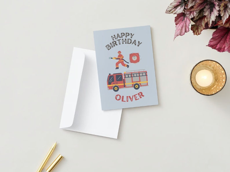 Birthday Card Firehouse Theme Kids Greetings Card , Firetruck Bday Card ...