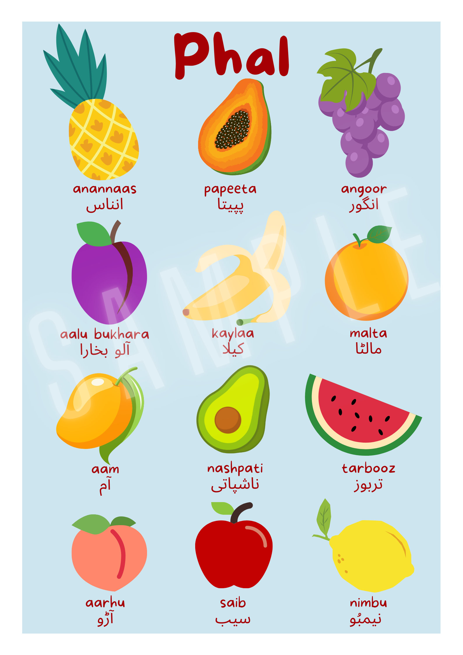 Printable Urdu Fruit Poster | Phal Urdu Language Print | Teaching Urdu ...