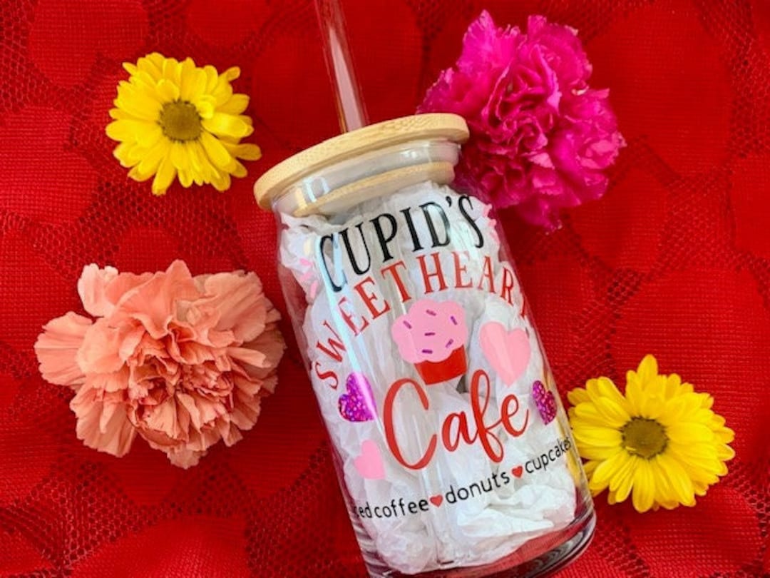 Cupids Sweetheart Cafe Glass Cup, Valentines Day Beer Can, Glass Iced ...