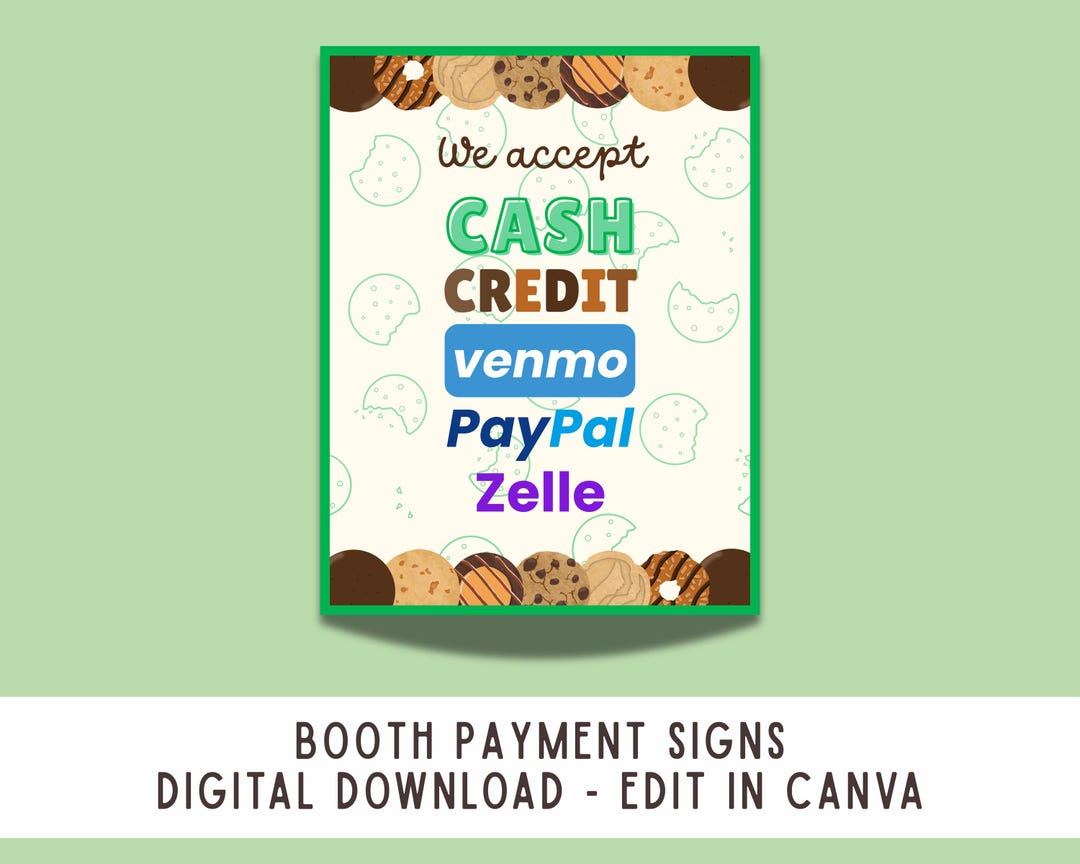 Booth Cookie Payment Sign, We Accept Cash, Credit With QR Codes, Troop ...