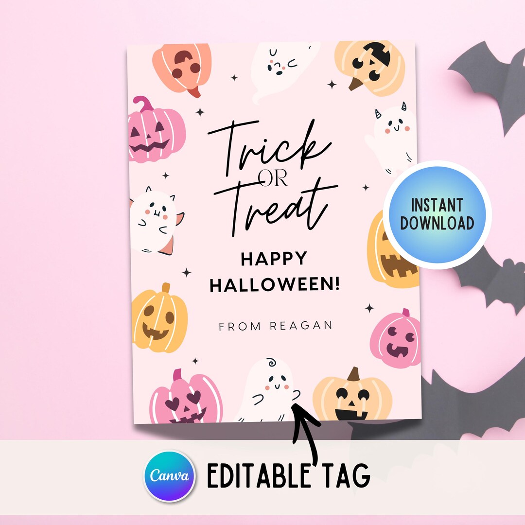 Editable Halloween Tags, Pink Trick or Treat Treat Gift Tags, Candy ...