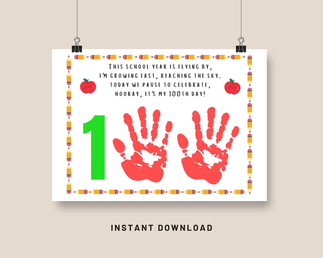 100 Days of School Handprint Art, Printable Handprint Craft Art Poem ...