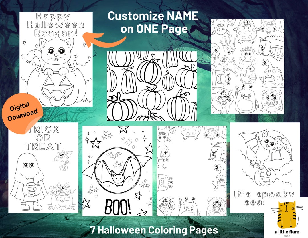 Halloween Coloring, 7 Page Bundle, 1 Custom Page With Name, Spooky ...
