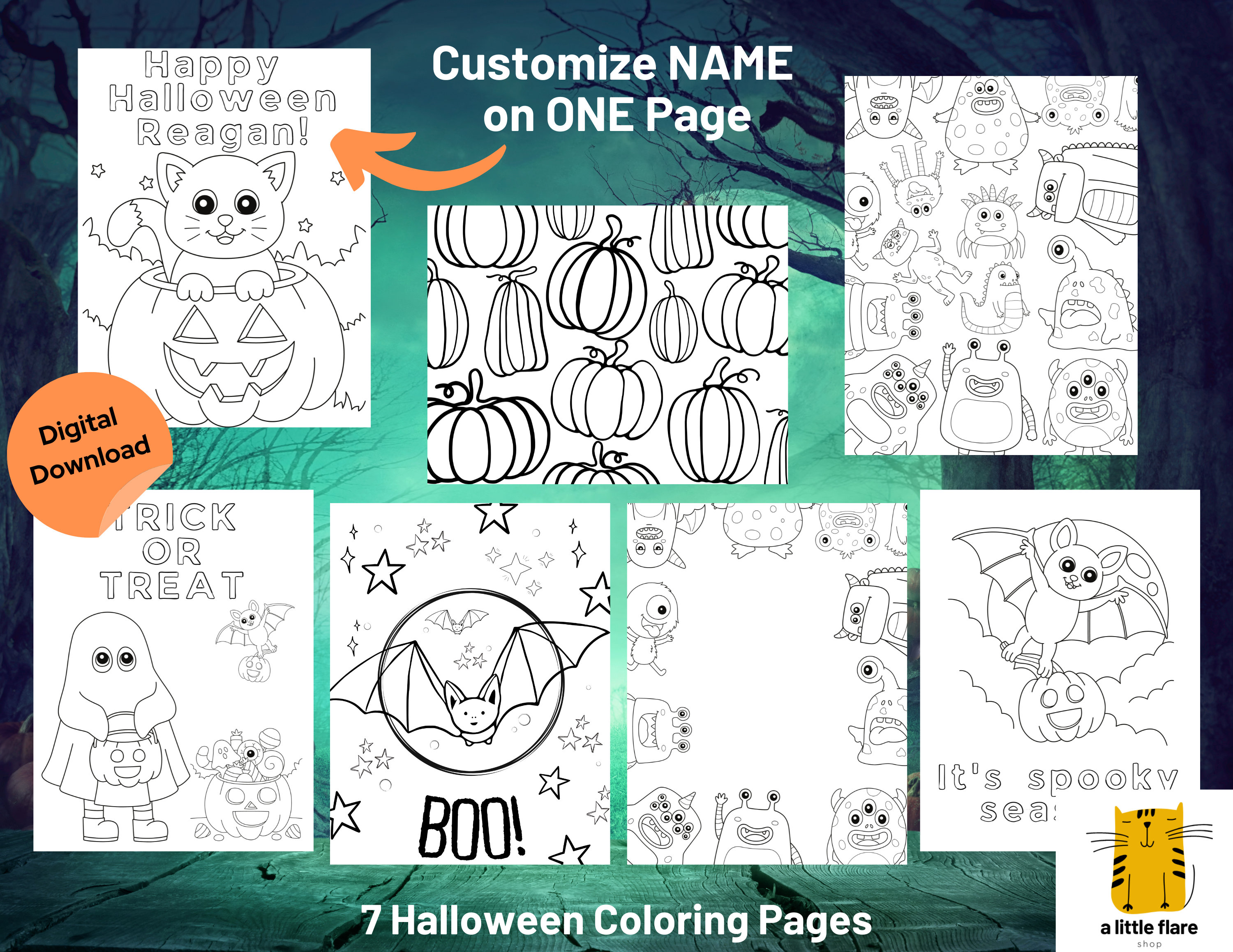 Halloween Coloring, 7 Page Bundle, 1 Custom Page With Name, Spooky ...