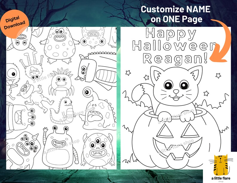 Halloween Coloring, 7 Page Bundle, 1 Custom Page With Name, Spooky ...