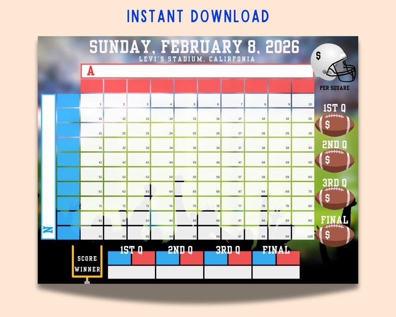 100 Square Football Pool Grid, Office Fundraiser Game (instant Download ...