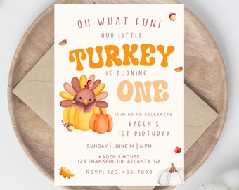 Turkey Birthday Invitation, Our Little Turkey is One, Thanksgiving ...