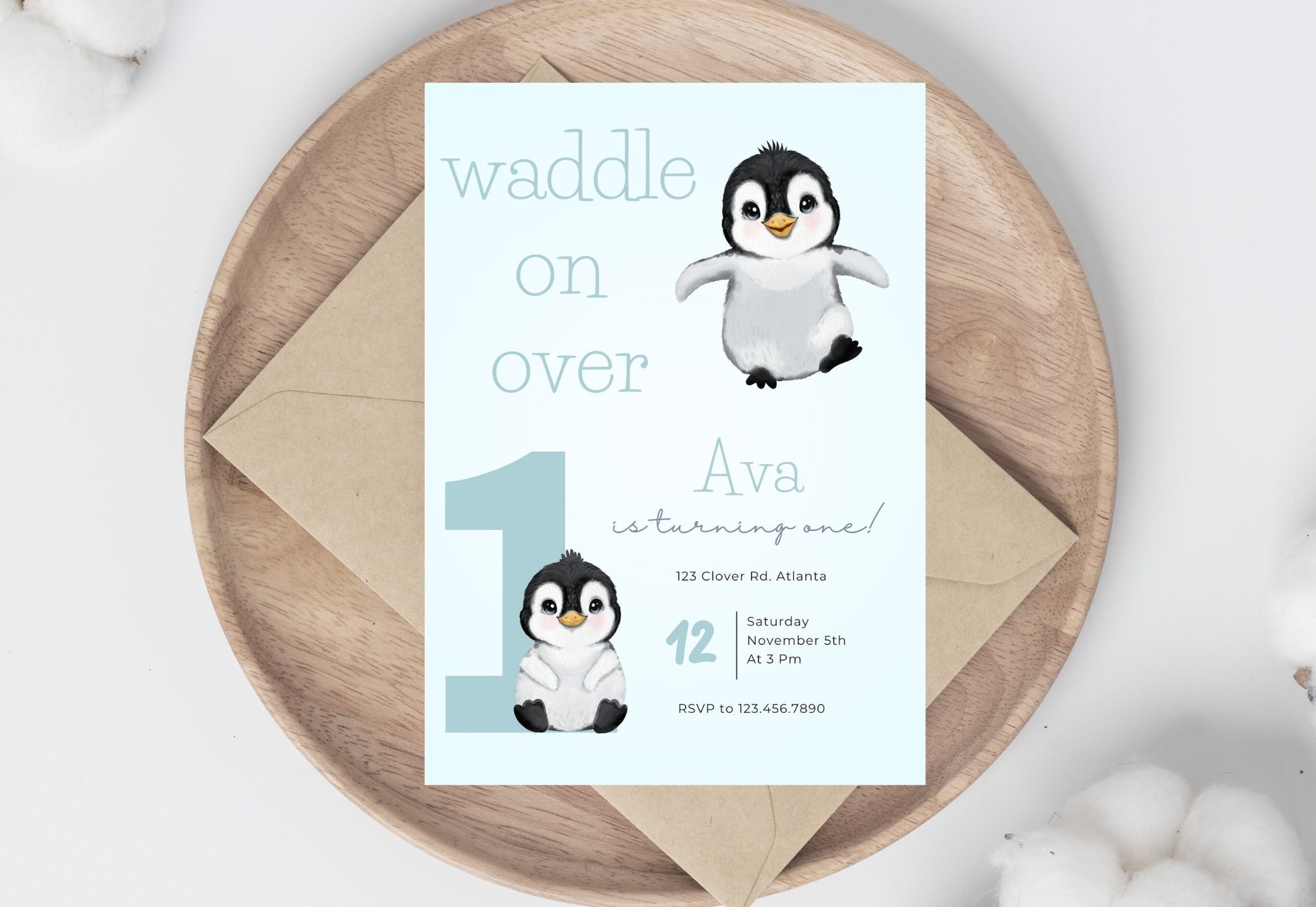 Penguin First Birthday Invitation, Waddle on Over, Blue Party Invite ...