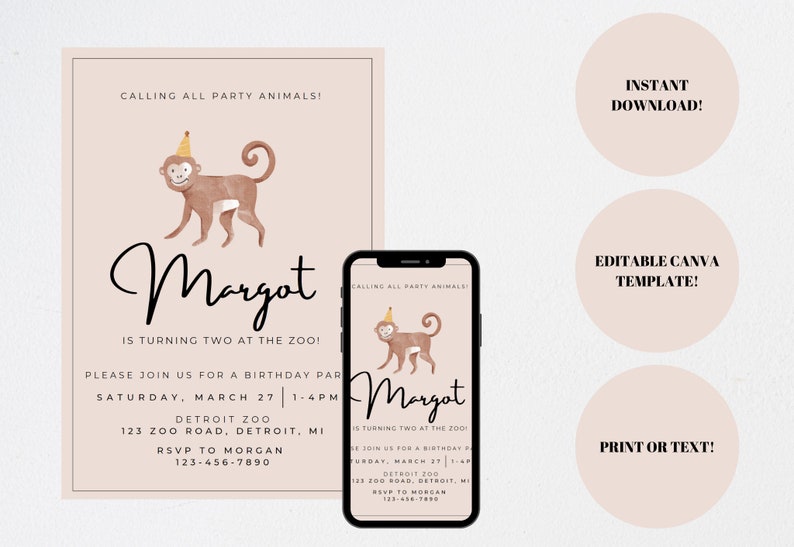 Editable Two at the Zoo Birthday Invitation Template, Monkey Birthday Invite, Toddler Birthday ...
