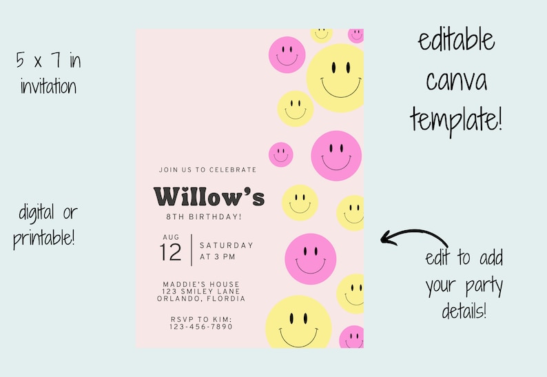 Girl's Preppy Smiley Face Birthday Invitation, Pink and Yellow, Party ...