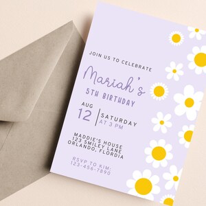 Girl's Birthday Invitation, Daisy Birthday Invite, Lavender, Purple ...