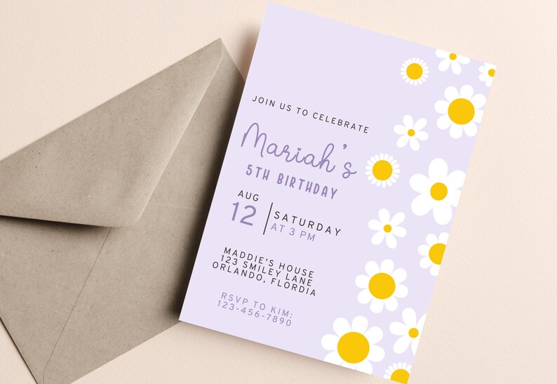 Girl's Birthday Invitation, Daisy Birthday Invite, Lavender, Purple ...
