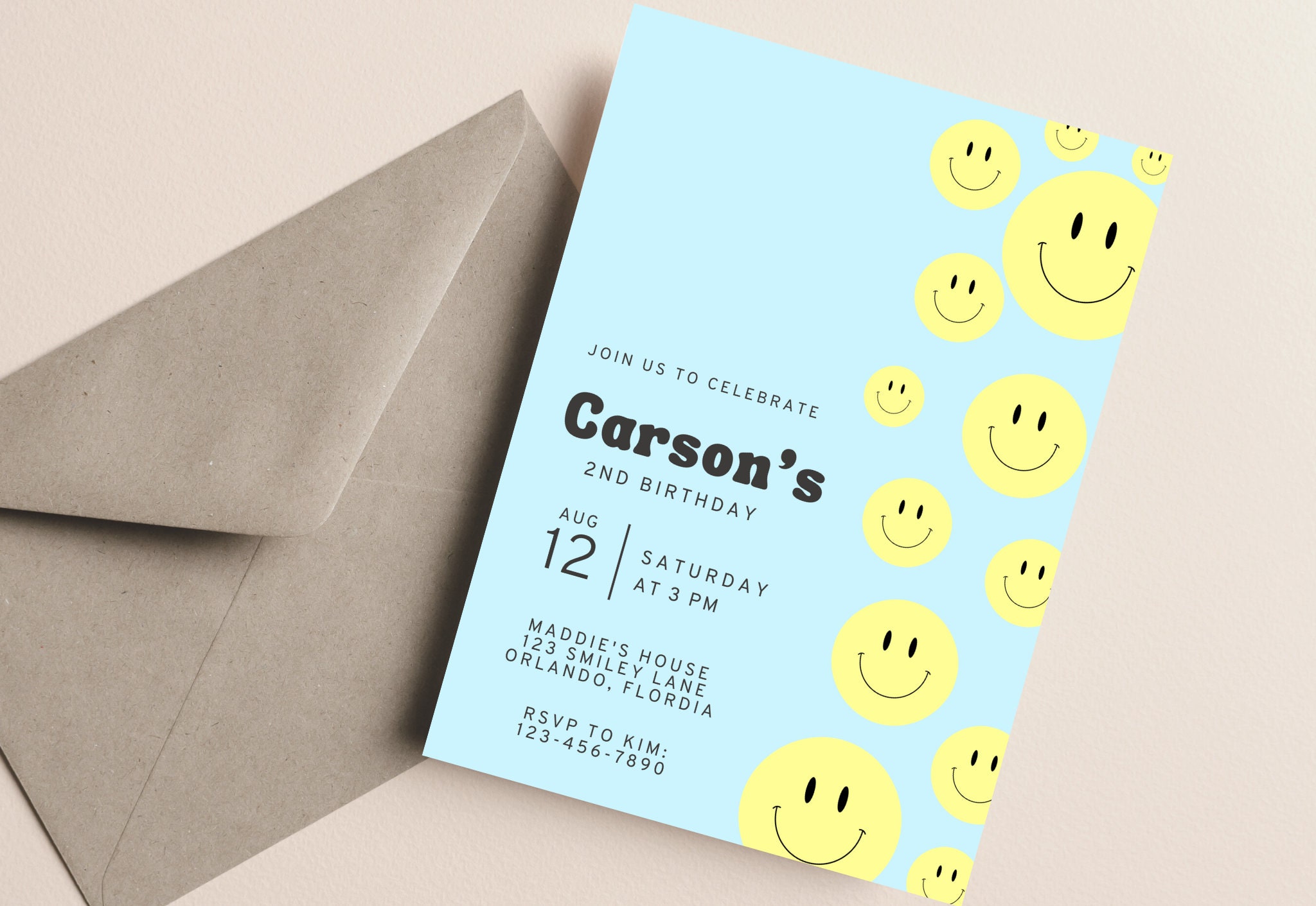 Blue and Yellow Smiley Face Invitation, Kid's Birthday Invite, Instant ...