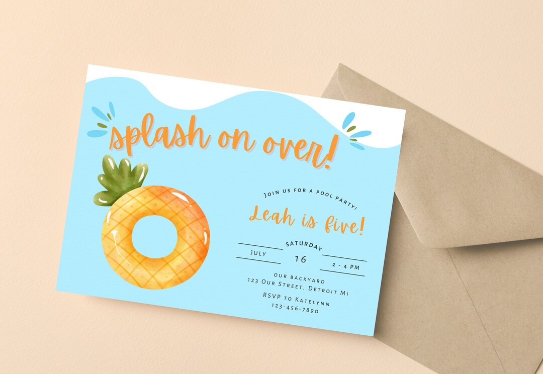 Editable Pool Party Invitation, Pineapple Floatie Splash on Over ...