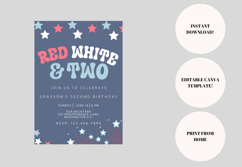 Red White and Two Birthday Invitation Template Independence - Etsy