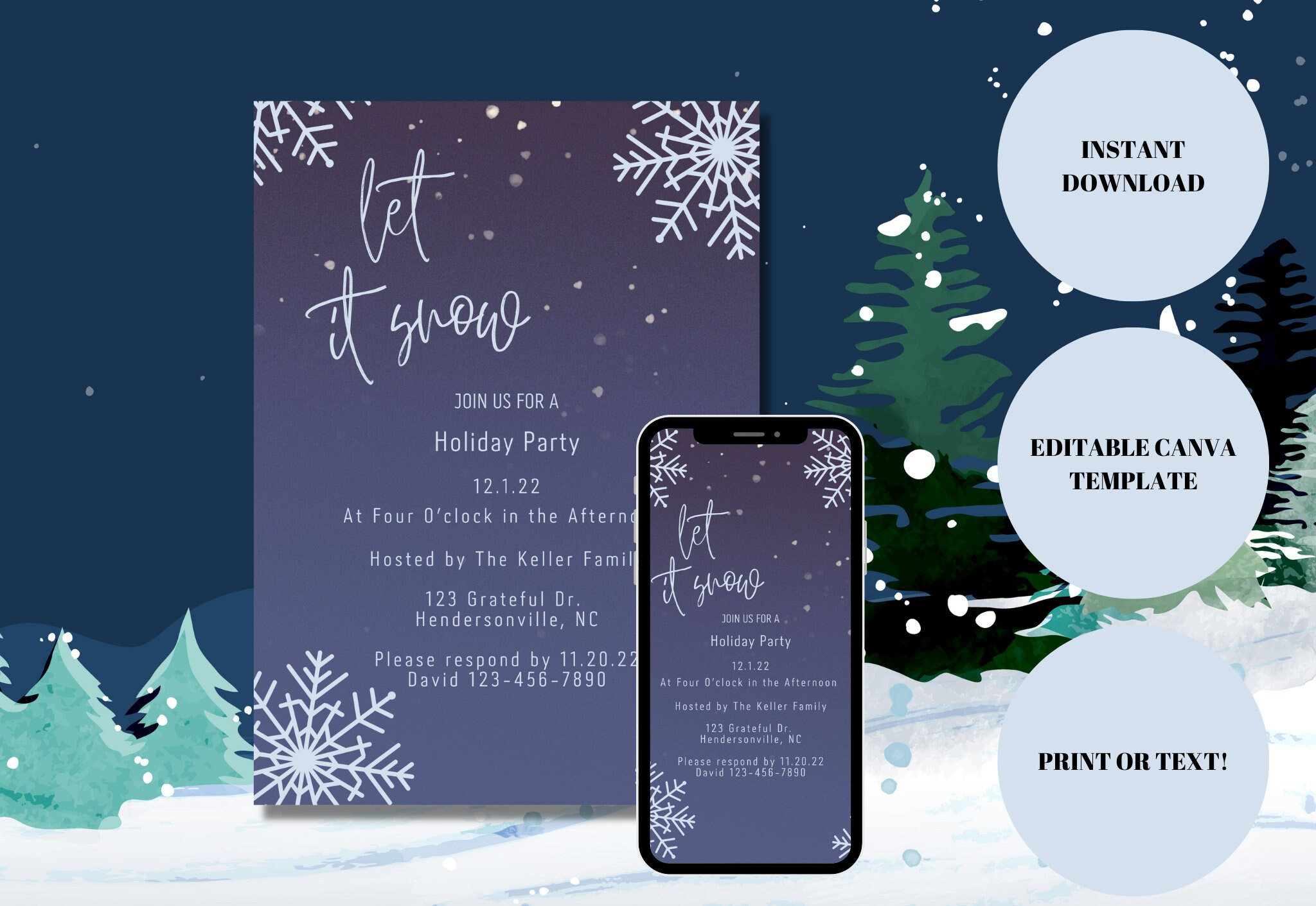 Winter Holiday Party Invitation Template, Blue Snowflake Dinner Invite ...