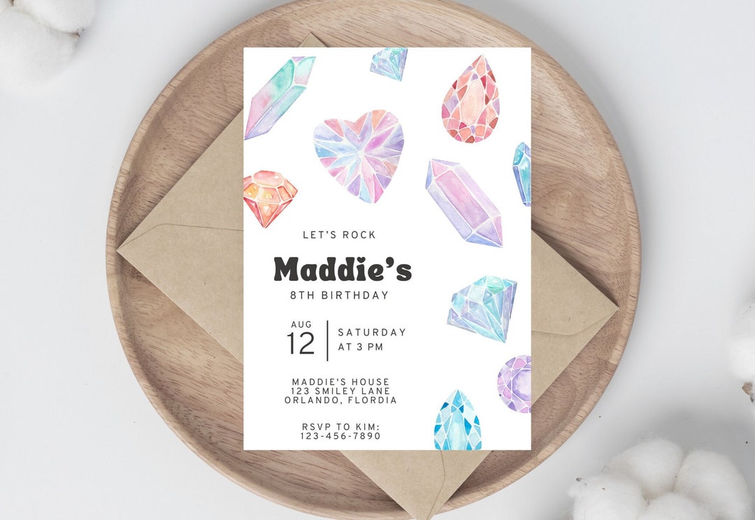 Girl's Crystal Gemstone Birthday Invitation, Geodes, Rocks, Watercolor ...