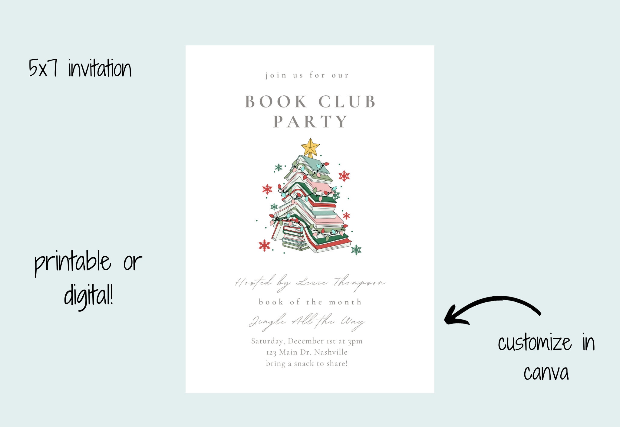 Book Club Invitation, Christmas Themed Book Club, Instant Download ...