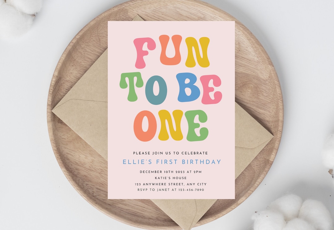 Fun to Be One First Birthday Invitation, 1st Birthday Party, Rainbow ...