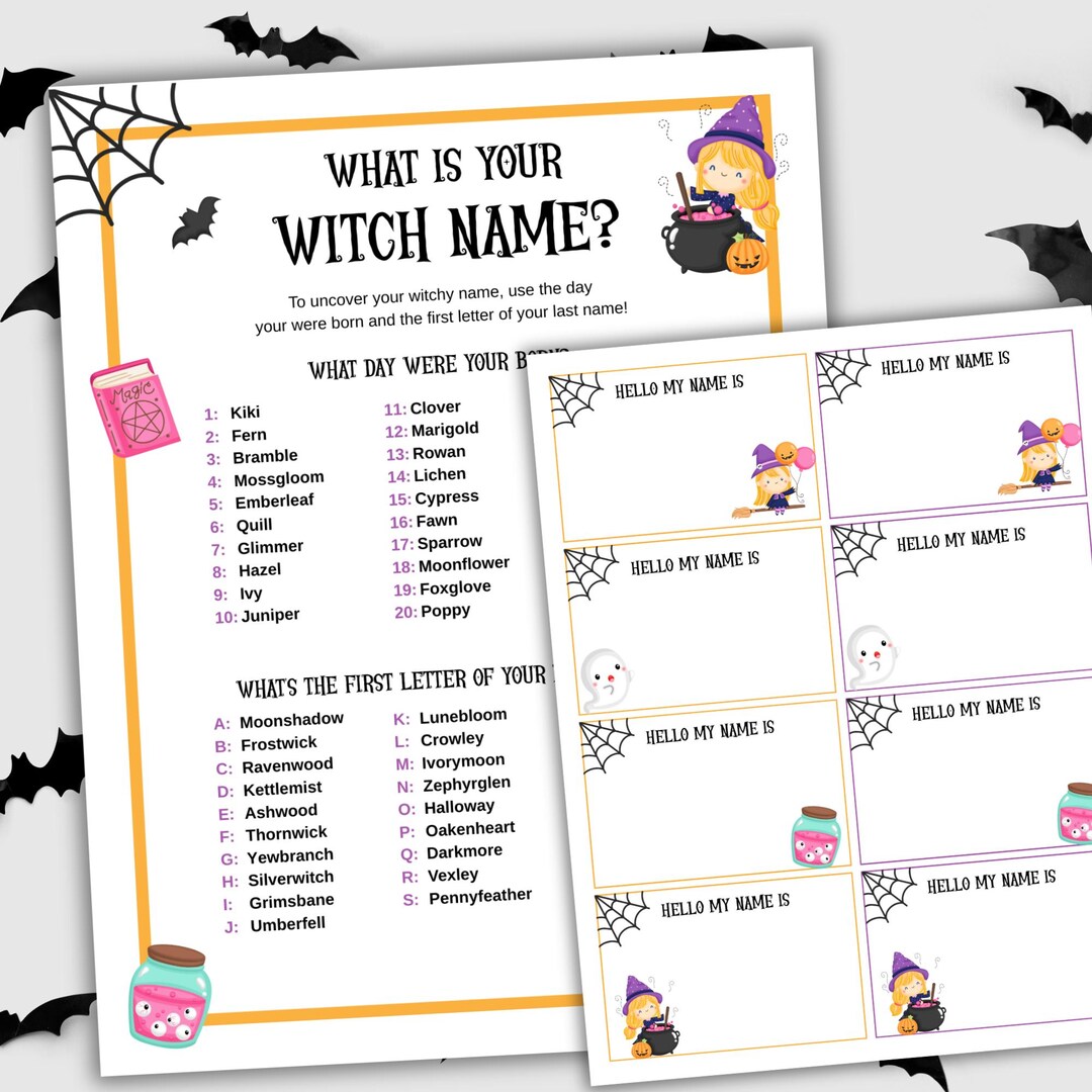 What's Your Witch Name Printable Game and Name Tags, Halloween Party ...