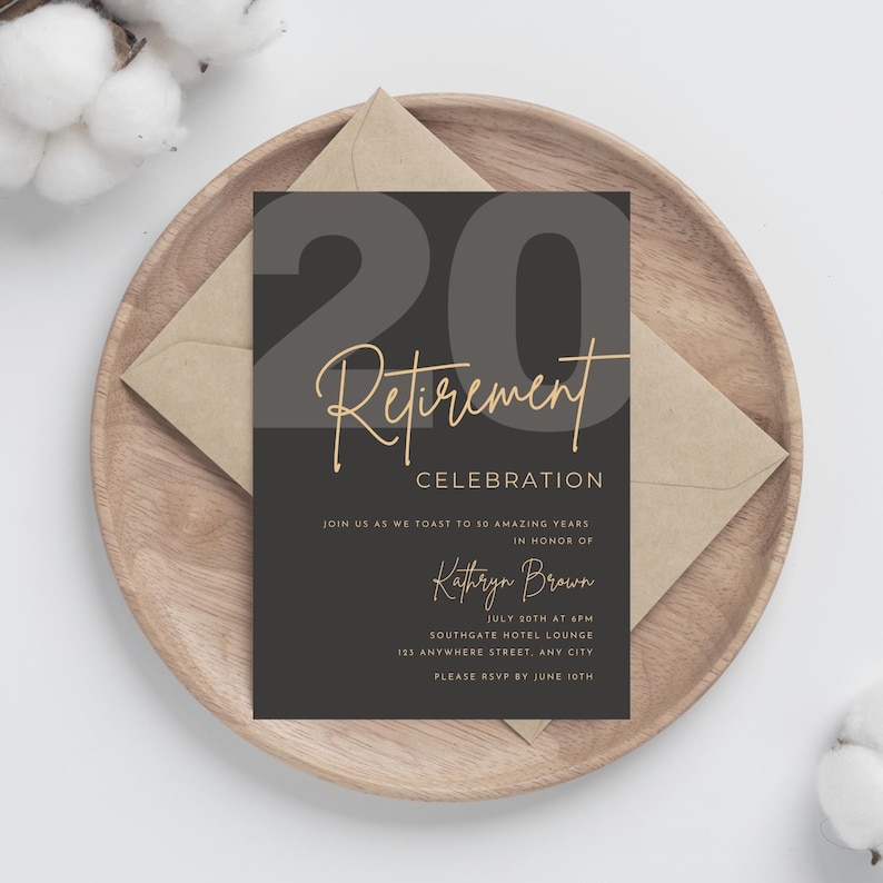 Editable Retirement Invitation, Black and Gold Retirement Party ...