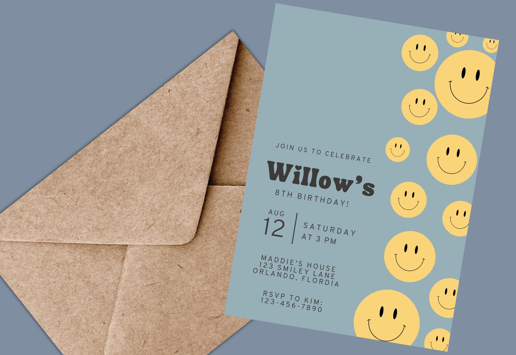 Smiley Face Birthday Invitation Template, Any Age Birthday Party, Blue ...