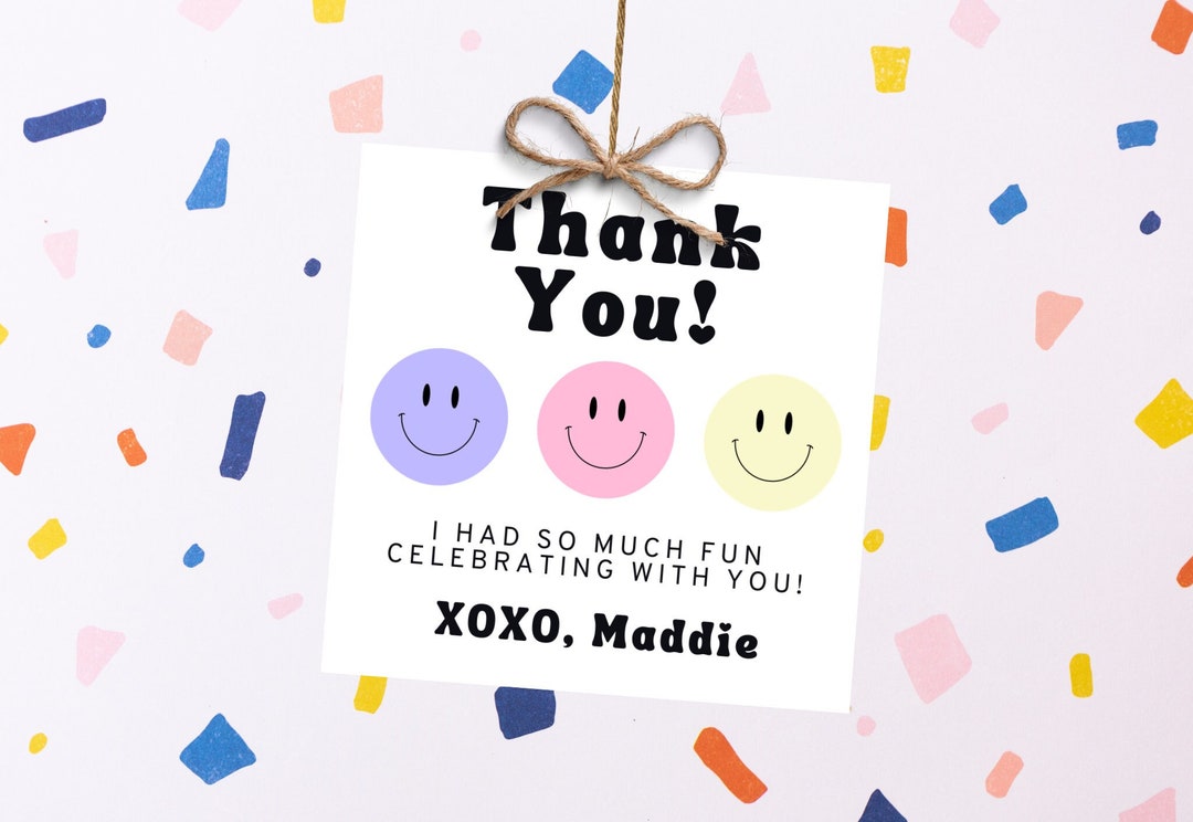 Smiley Face Birthday Thank You Card, Treat Tag, Favor Tags, Smileys ...