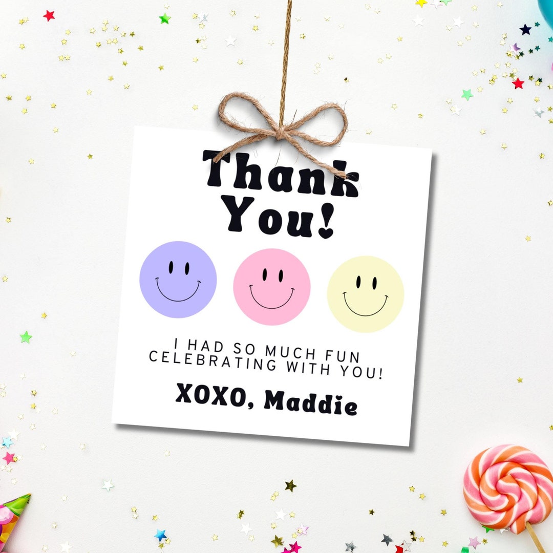 Smiley Thank You Card, Treat Tags, Thank You Favor Tags, Pastel, Smiley ...