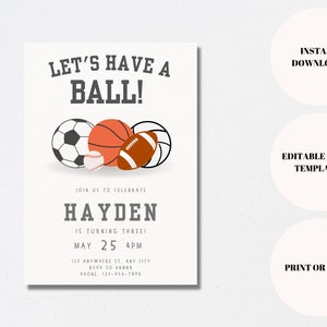 Sports Themed Birthday Invitation, Let's Have a Ball, Football, Soccer ...