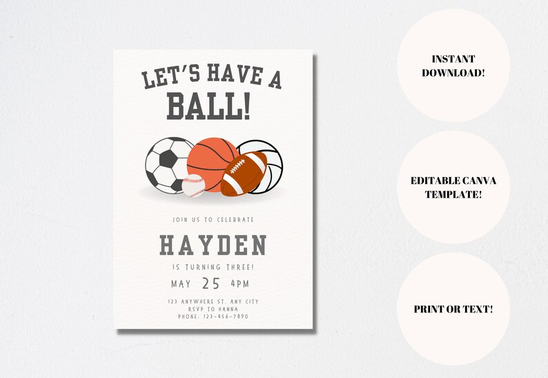 Sports Themed Birthday Invitation, Let's Have a Ball, Football, Soccer ...