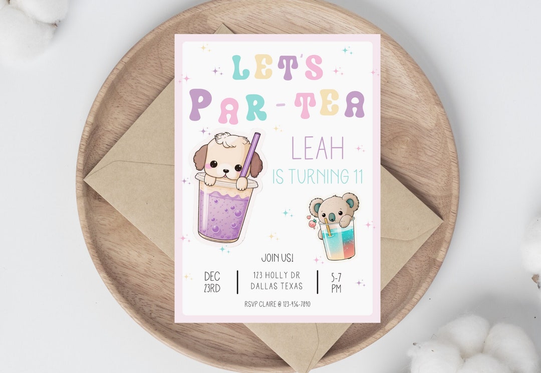 Bubble Tea Birthday Party Invite, Par-tea, Cute Animal Bubble Tea ...