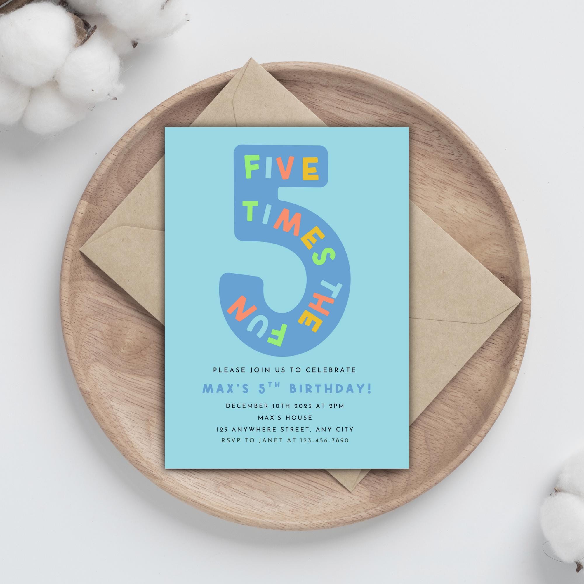 Five Times the Fun Birthday Party Invitation, Blue, Boy's 5th Birthday ...