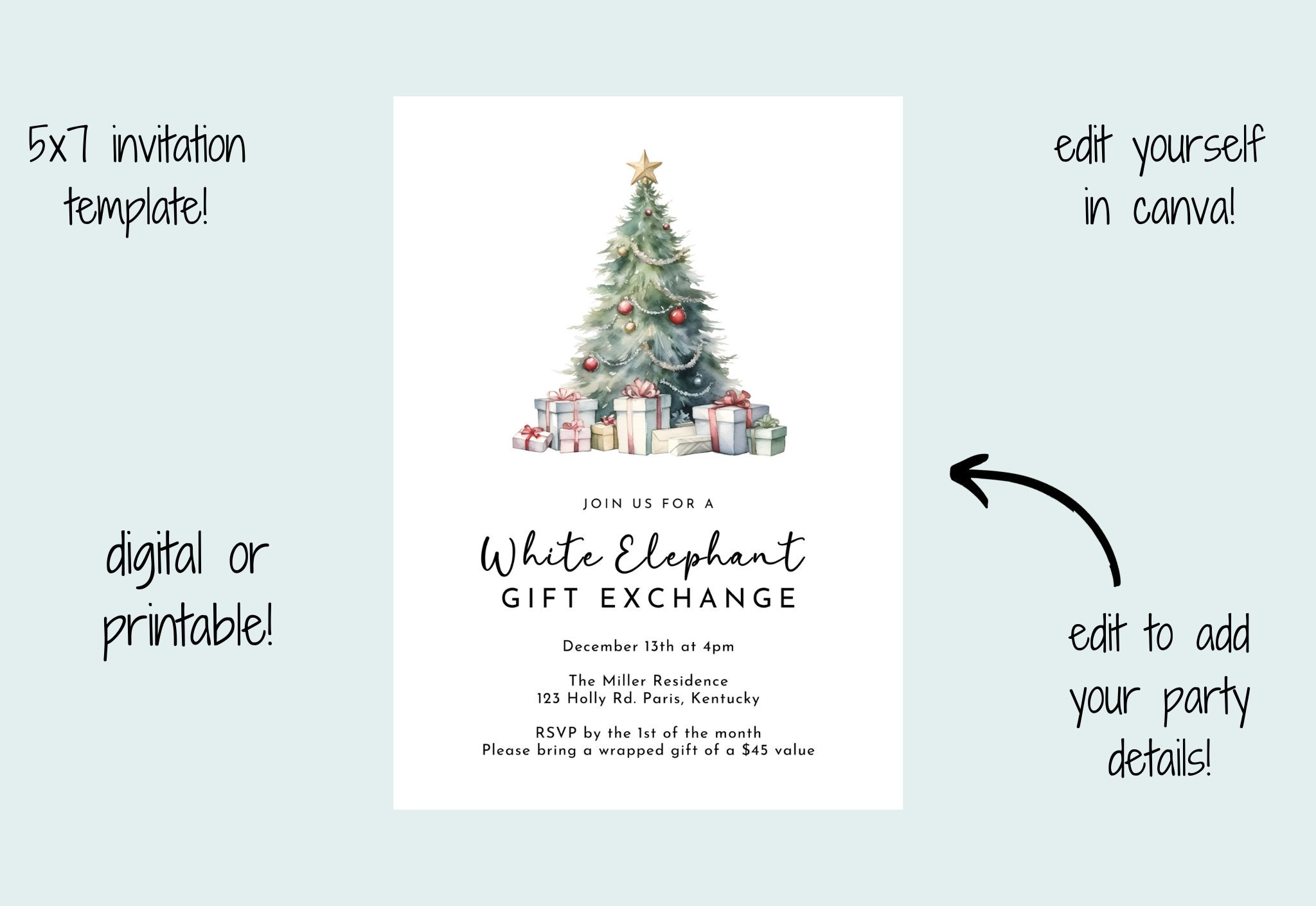 White Elephant Gift Exchange Invite, Christmas Party Invite, Holiday ...