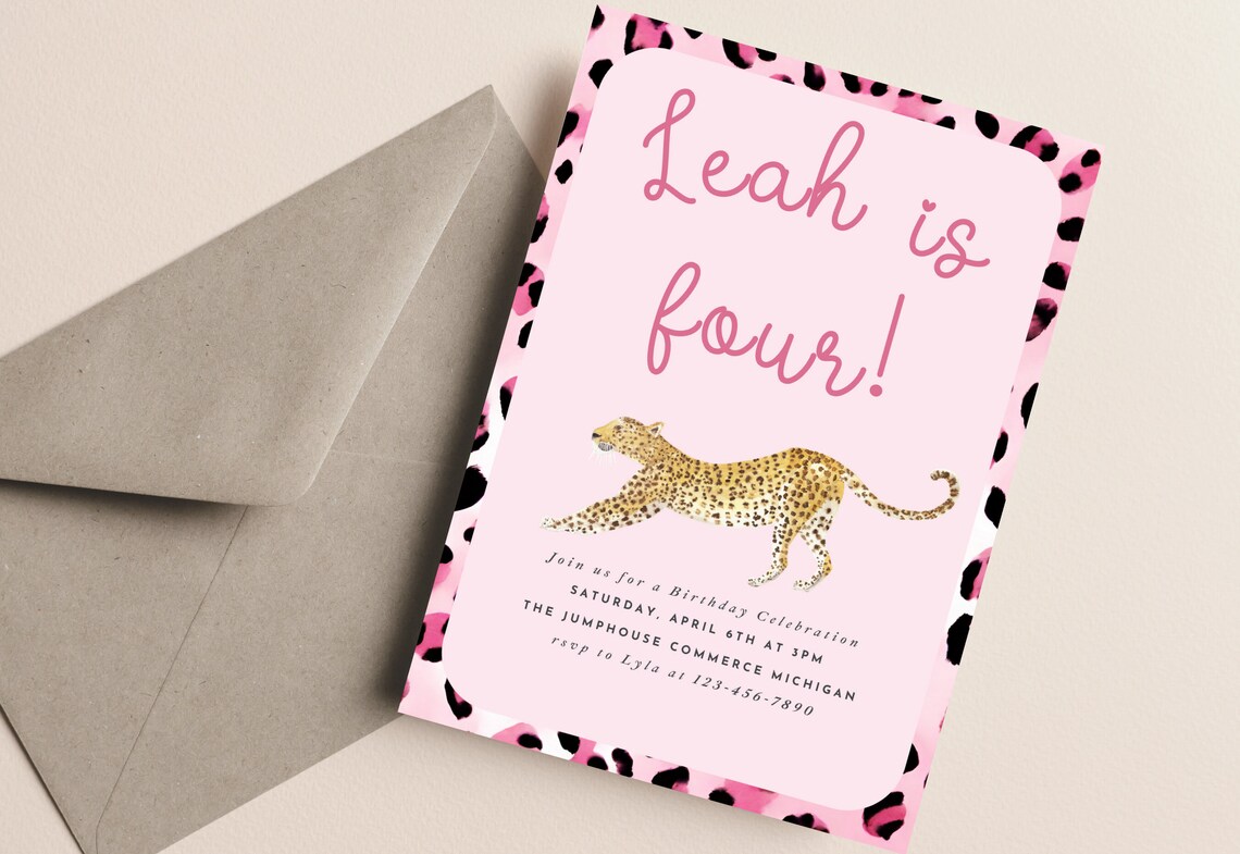 Girl's Pink Leopard Print Birthday Invitation, Party Animal, Two Wild ...