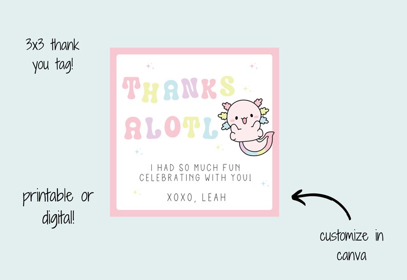 Axolotl Thank You Card, Thanks Alotl, Birthday Thank You Tag, Favor Tag ...