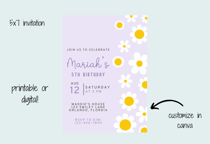 Girl's Birthday Invitation, Daisy Birthday Invite, Lavender, Purple ...